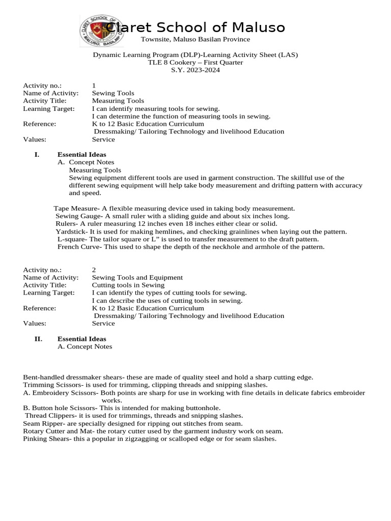 Tle 7-Las First Quarter | PDF | Sewing Machine | Sewing