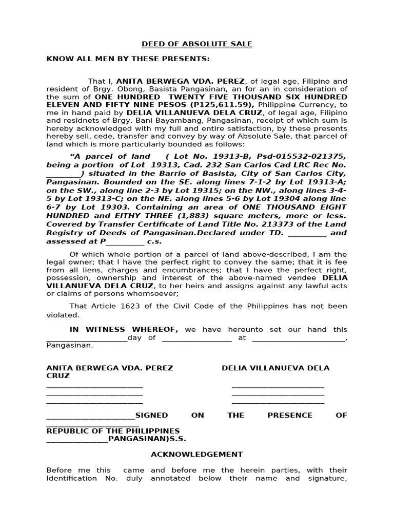 Deed of Absolute Sale- Ar-jay de Luna | PDF | Environmental Law ...