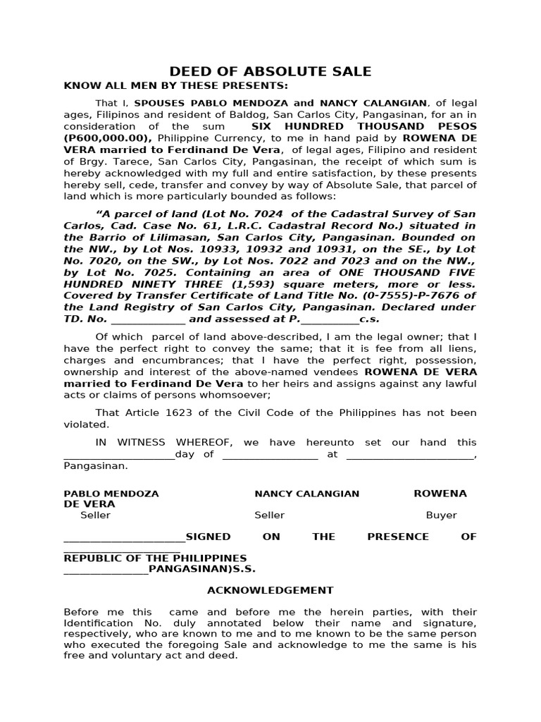 Deed of Absolute Sale- Rowena de Vera | PDF | Law And Economics | Private Law