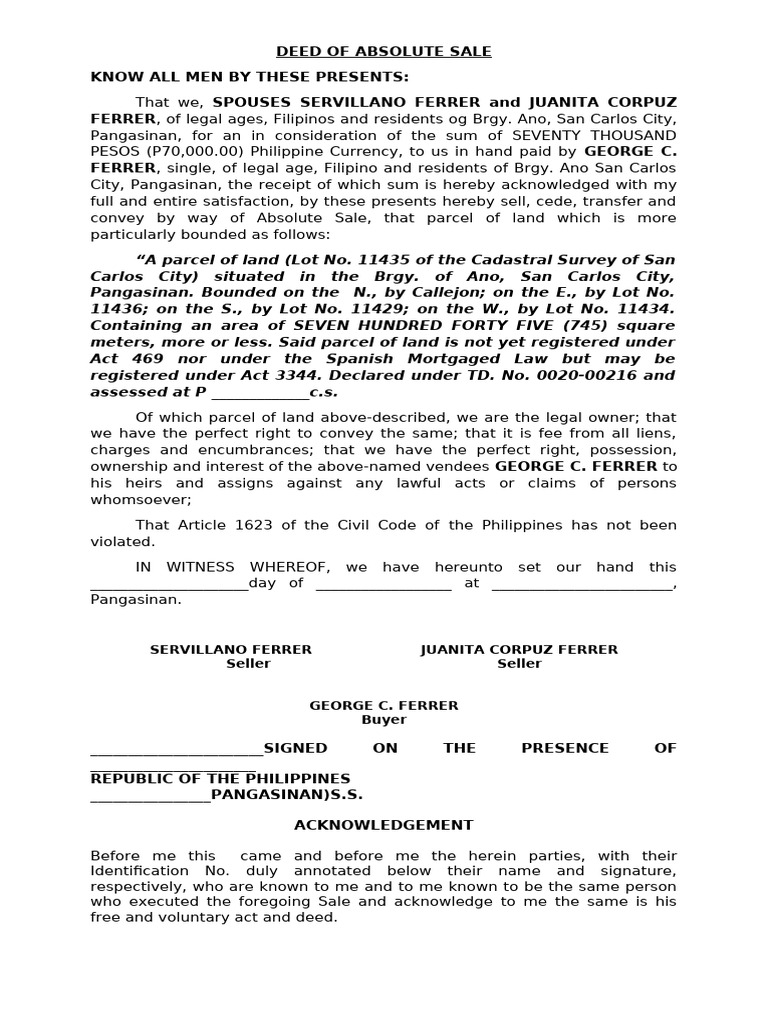 Deed of Absolute Sale-george Ferrer | PDF | Civil Law (Common Law) | Common Law