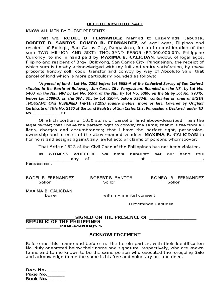 Deed of Absolute Sale in Pangasinan | PDF | Real Property Law | Land Law