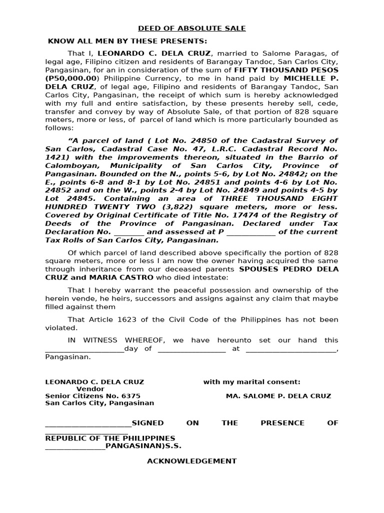 Deed of Absolute Sale-Michelle | PDF | Land Lot | Common Law