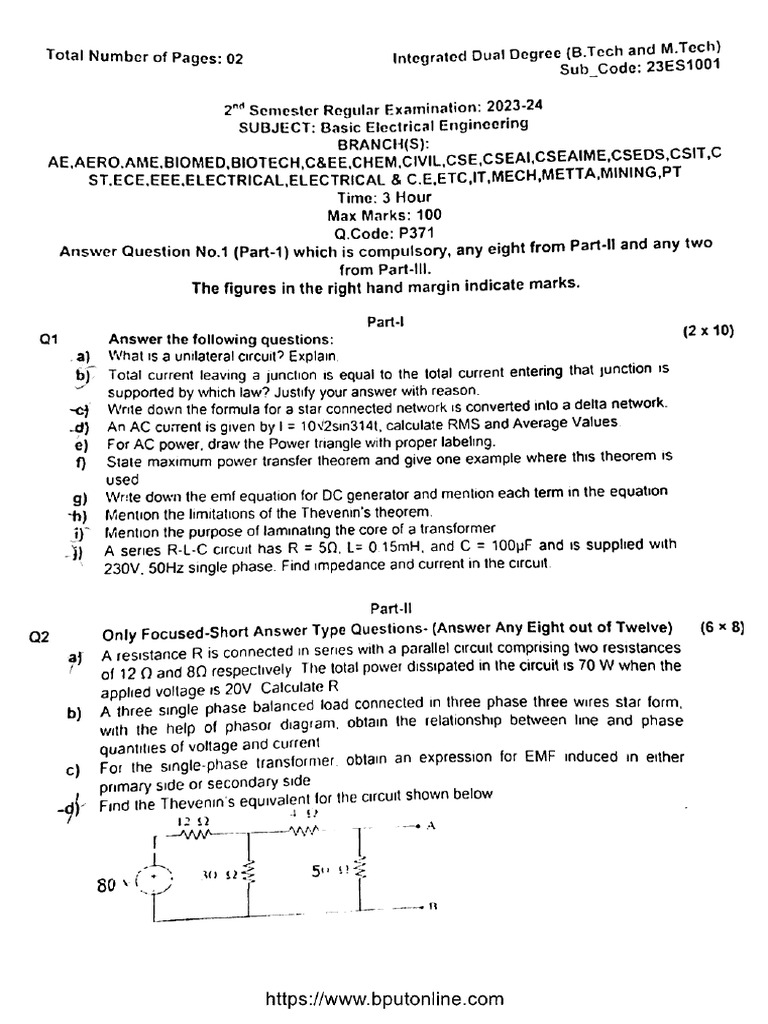 Btech Mtech 2 Sem Basic Electrical Engineering 23es1001 2024 | PDF