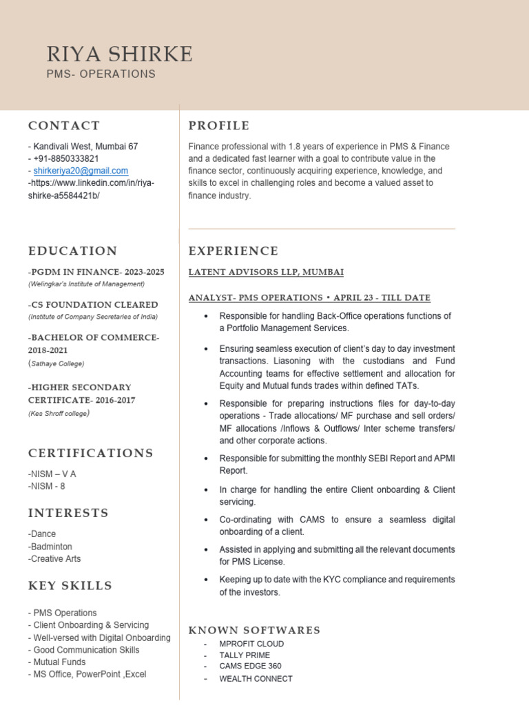 Riya Shirke Final Resume | PDF | Investment Management | Money