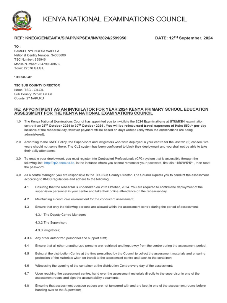 Appointment as KPSEA Invigilator 2024 | PDF