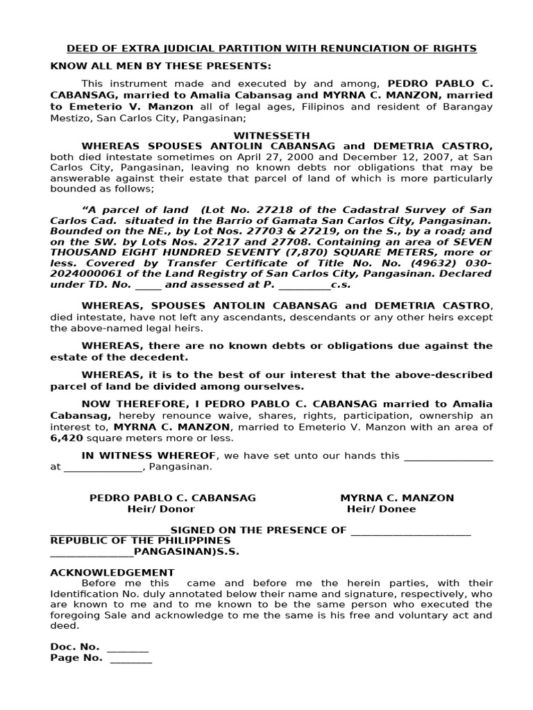 DEED OF EXTRA JUDICIAL PARTITION WITH RENUNCIATION OF RIGHTS - Myrna ...