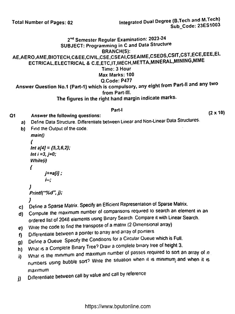 Btech Mtech 2 Sem Programming in c and Data Structure 23es1003 2024 | PDF