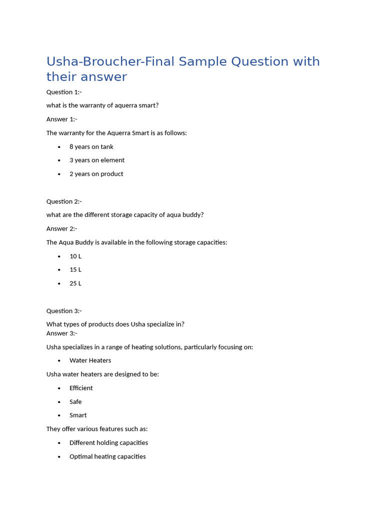 Usha sample question | PDF | Water Heating | Manufactured Goods
