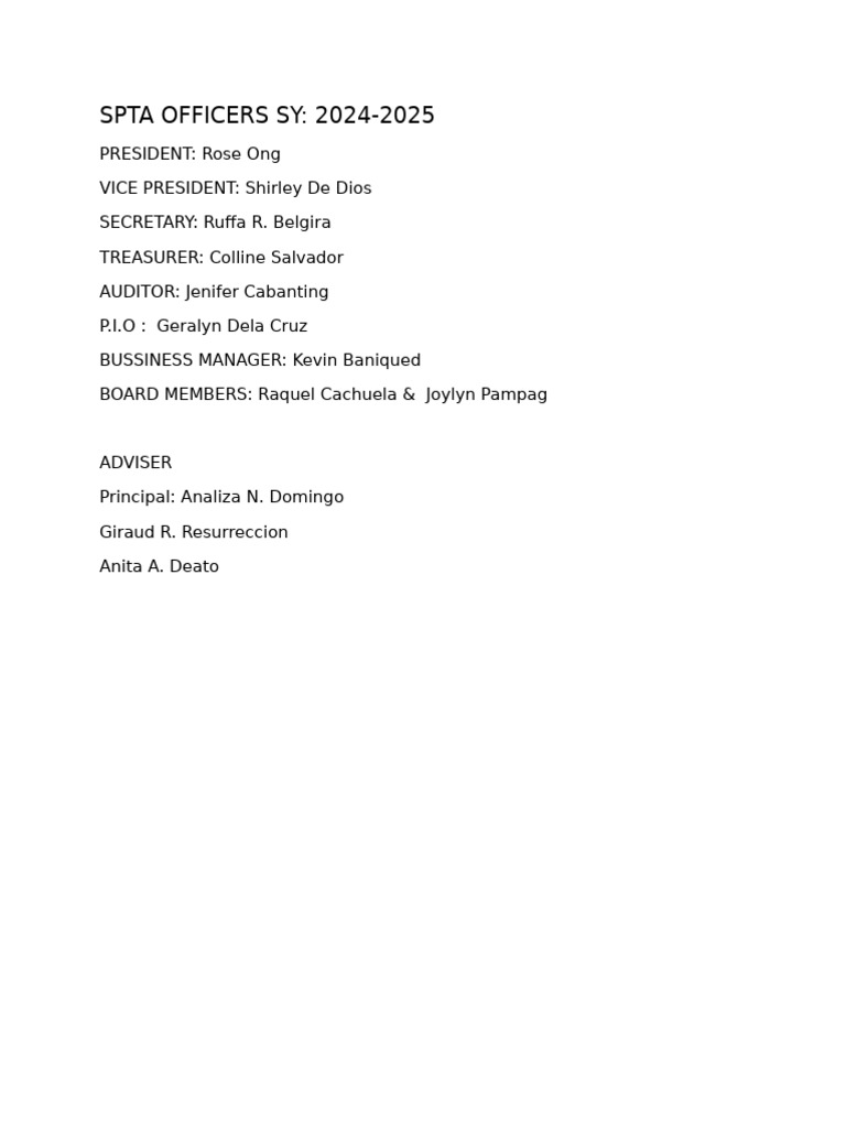 SPTA Officers for 2024-2025 | PDF