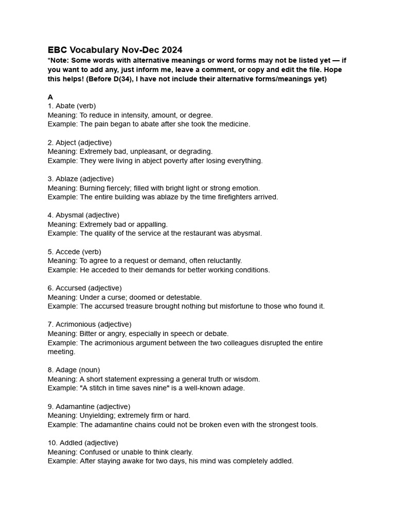 EBC Vocabulary Nov-Dec 2024 - With Definitions, Examples, and Word ...