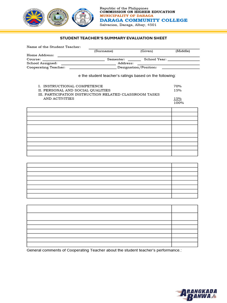 PT Summary Eval Sheet 2023 2024 | PDF | Teachers | Teaching
