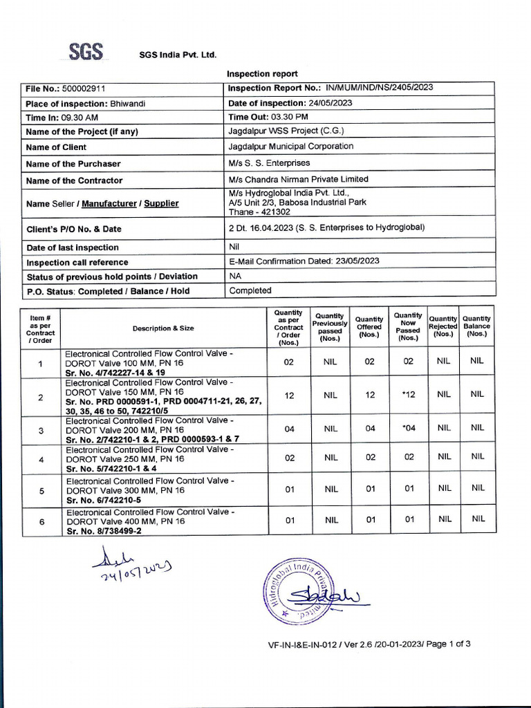 02-Duly Signed SGS Inspection Report On 24-05-2023 | PDF