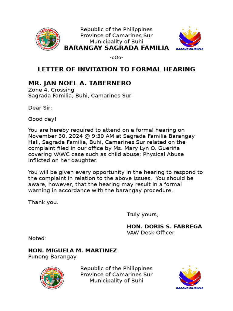 Formal Hearing Invitation for VAWC Cases | PDF