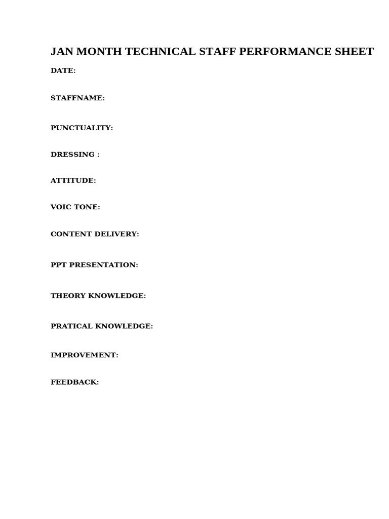 Jan Month Technical Staff Performance Sheet | PDF