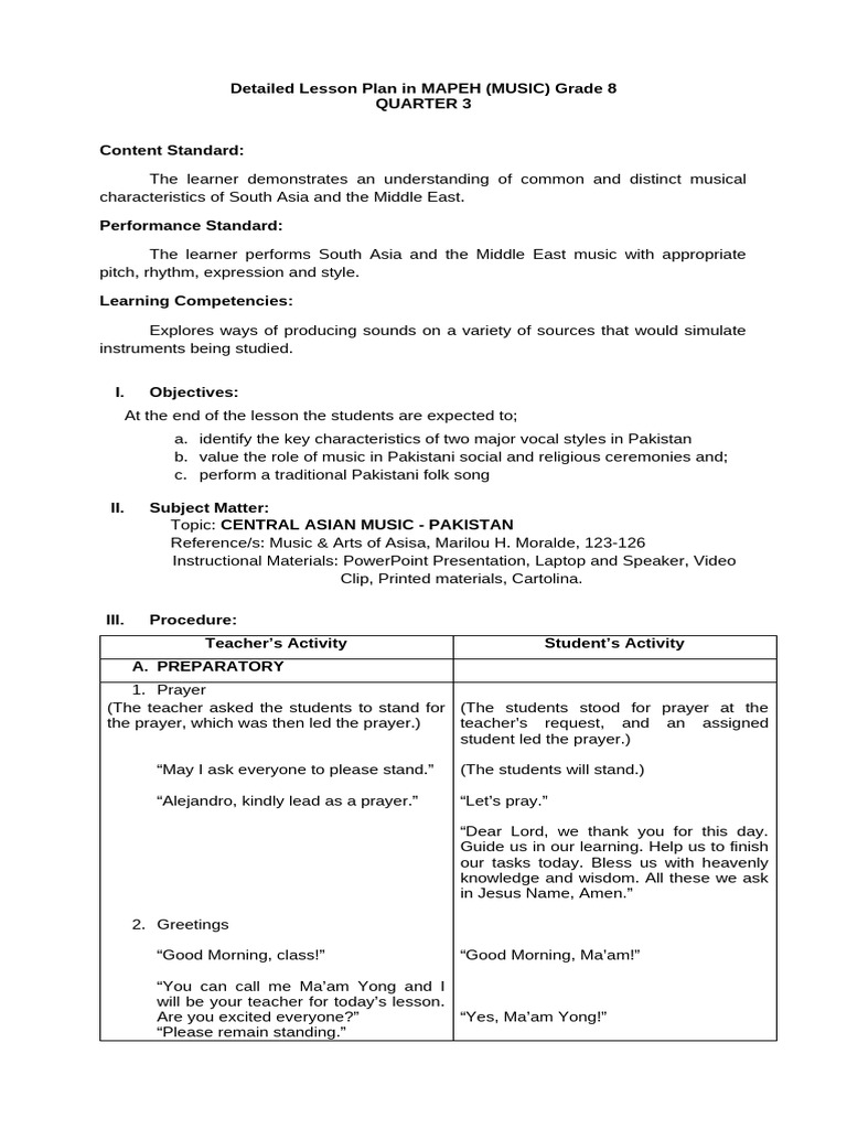 Grade 8 MAPEH Music Lesson Plan | PDF