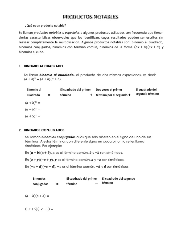 Productos Notables - 2 | PDF | Multiplicación | Matemática Elemental