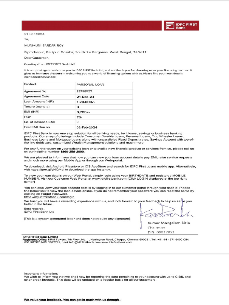 Dec 23, IDFC WELCOME LETTER | PDF