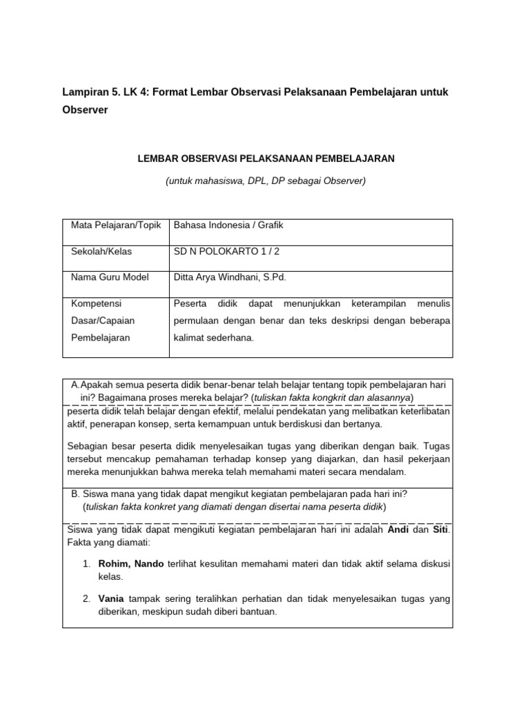 Lampiran 5. LK 4 Format Lembar Observasi Pelaksanaan Pembelajaran Untuk Observer | PDF