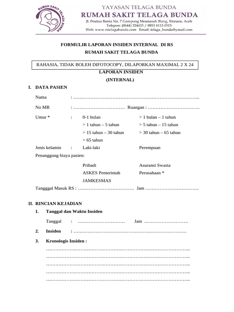 FORMULIR LAPORAN INSIDEN INTERNAL Di RS Baru | PDF