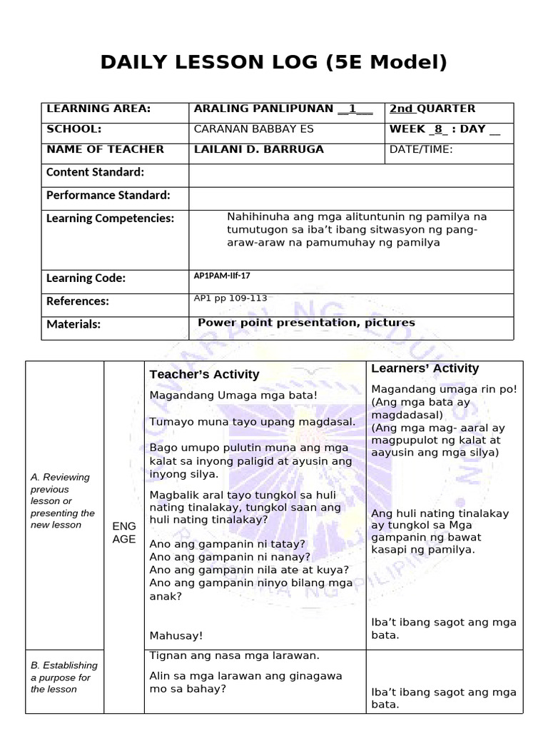 Daily Lesson Log (5e Model) 2 | PDF