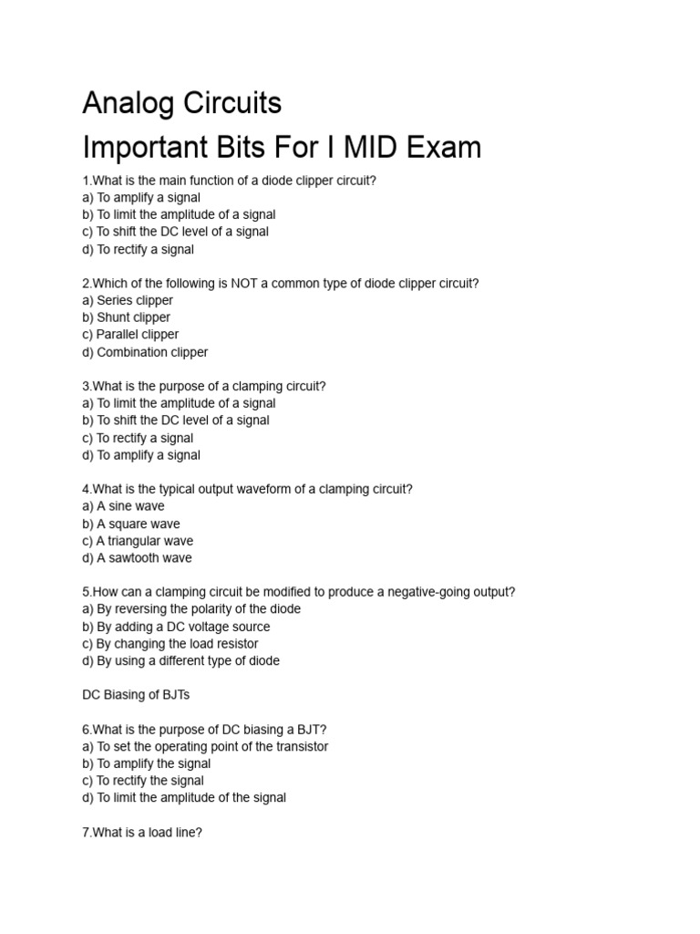Diode Clipping and BJT Biasing Exam Guide | PDF | Bipolar Junction ...
