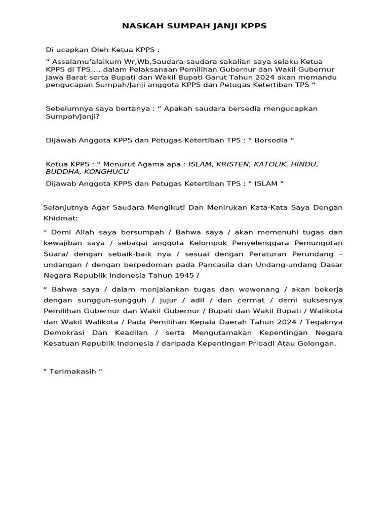 Naskah Sumpah Janji Kpps Pilkada 2024 | PDF