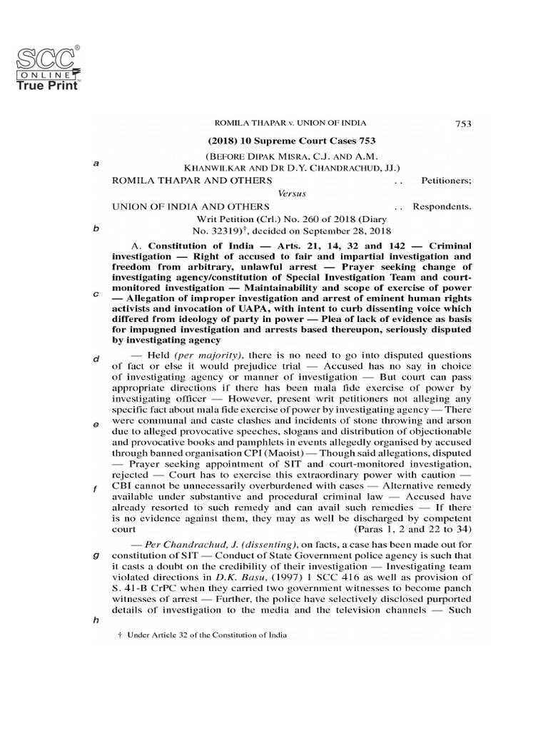 Para 22-30 Romila Thapar and Ors. V Union of India and Ors. (2018) 10 ...