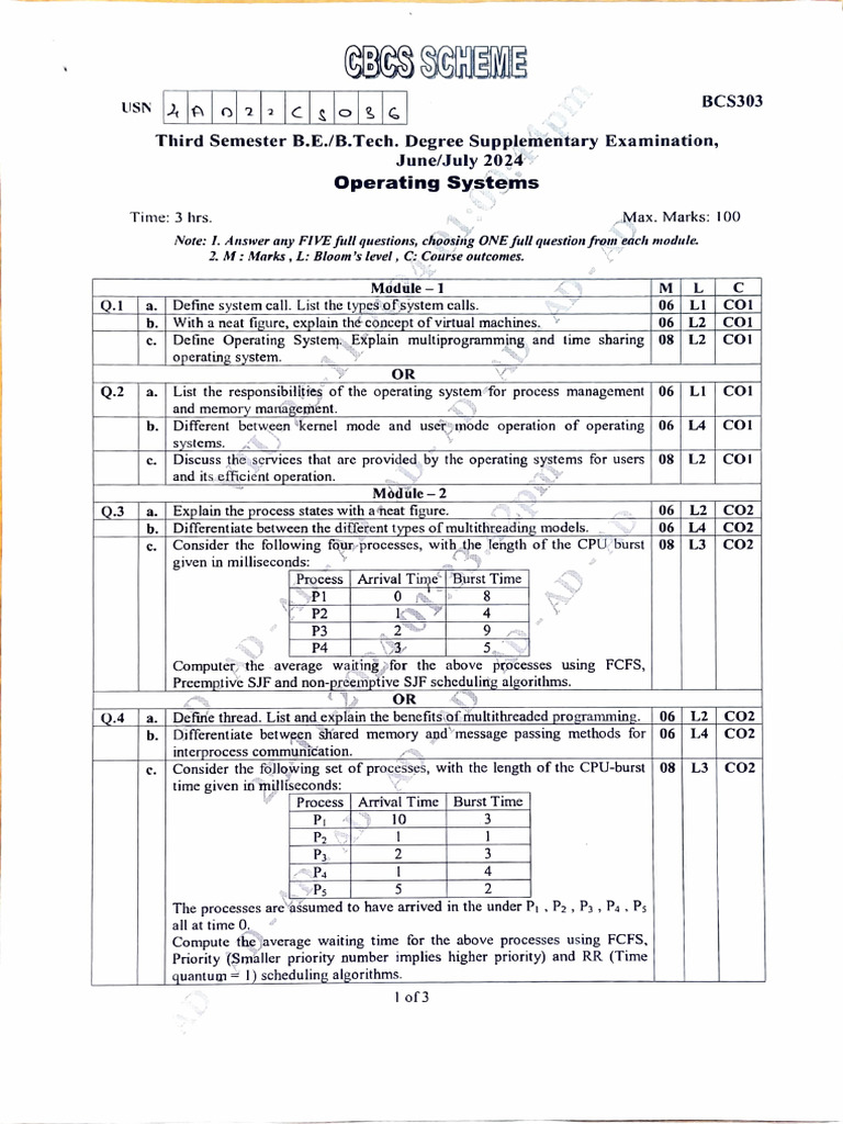 Os Bcs303 QP June July 2024 | PDF | Thread (Computing) | Computer Engineering