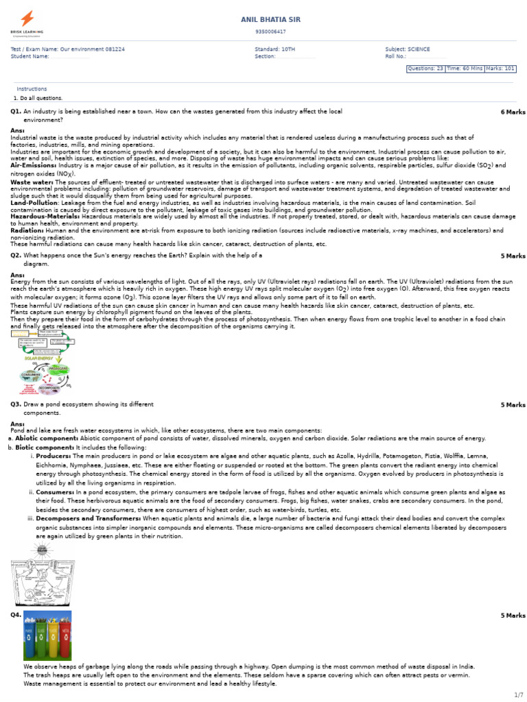 Our Environment 081224 10TH SCIENCE Answersheet | PDF | Ecosystem | Waste