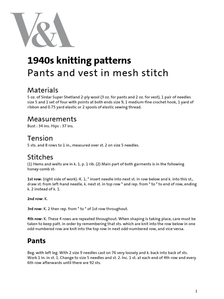 Pants and Vest in Mesh Stitch | PDF | Knitting | Sewing Needle