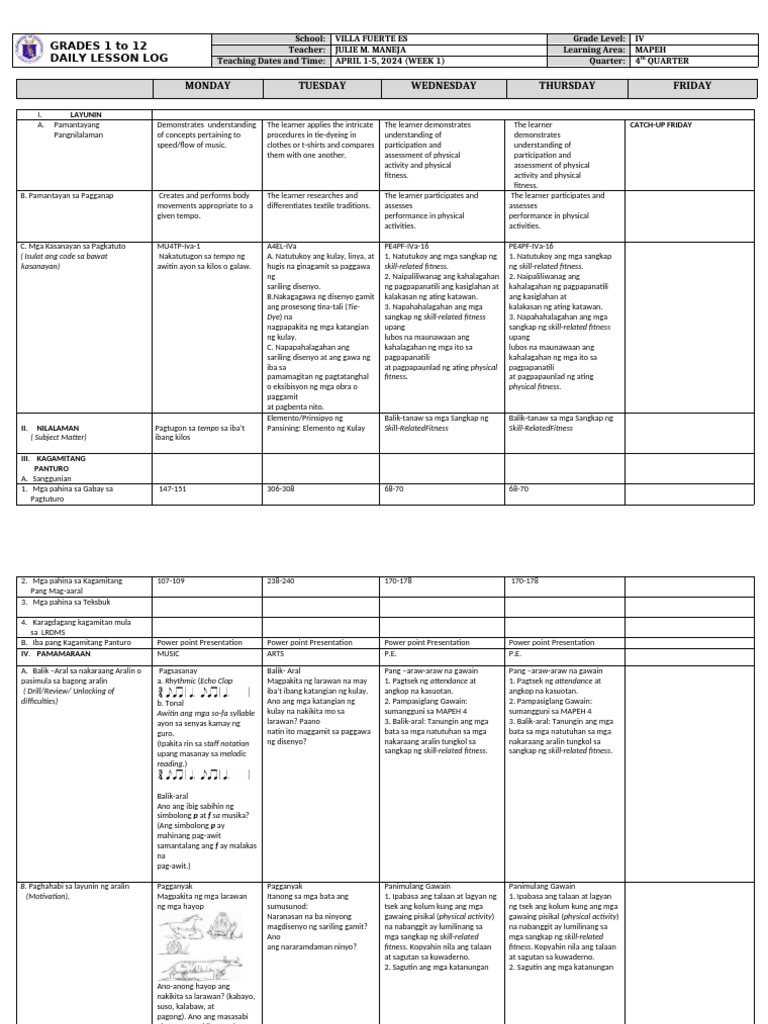 DLL - Mapeh 4 - Q4 - W1 | PDF