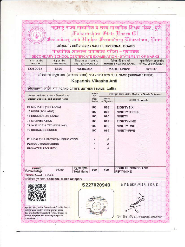 10th Marksheet | PDF