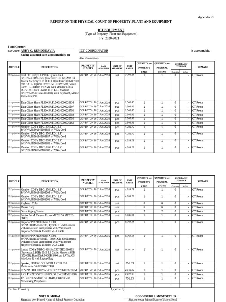 Report On The Physical Count of Property Plant and Equipment (Rpcppe ...
