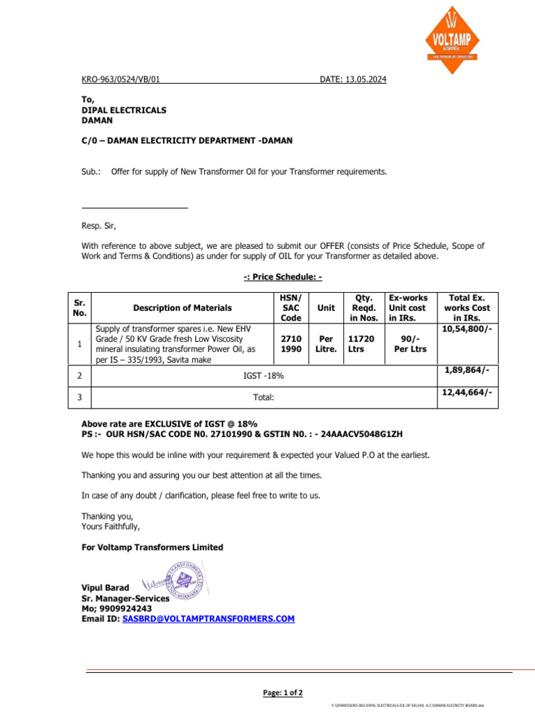Kro-963-Dipal Electricals-Oil-Sp-Selvas A - C Daman Elecricty Board | PDF | Specification ...