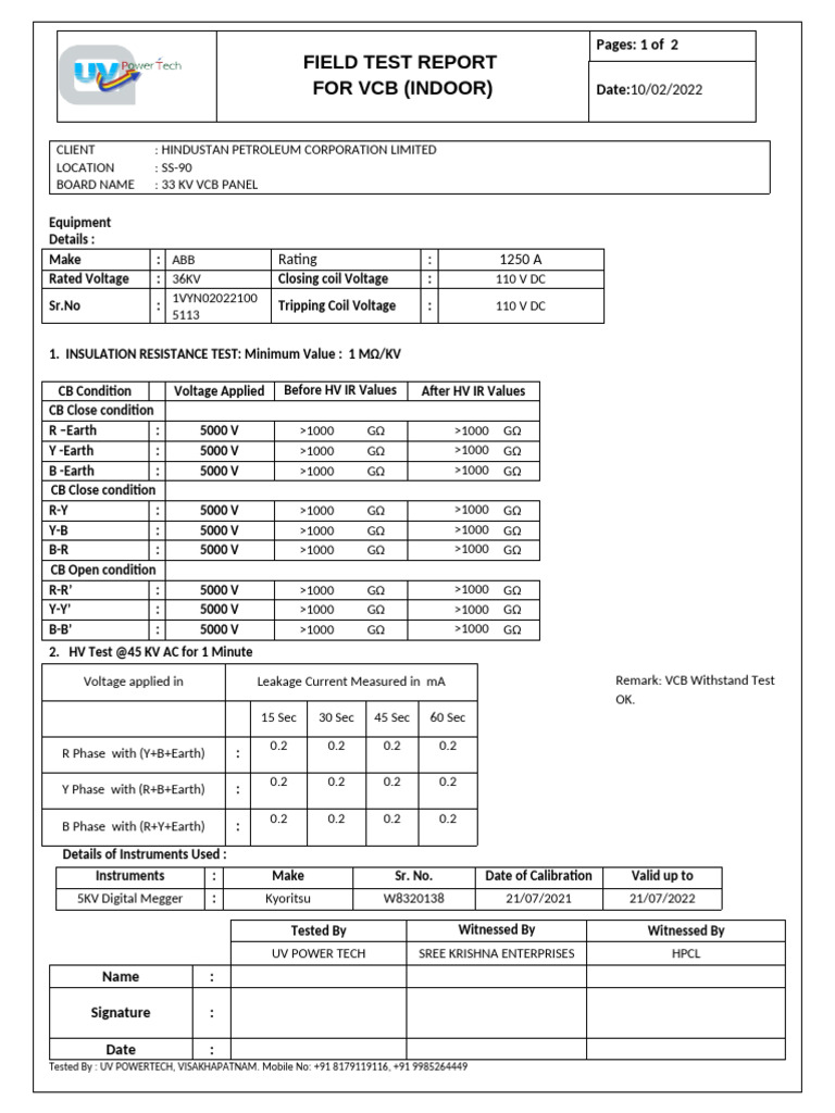 VCB hv test | PDF | Electrical Components | Power (Physics)