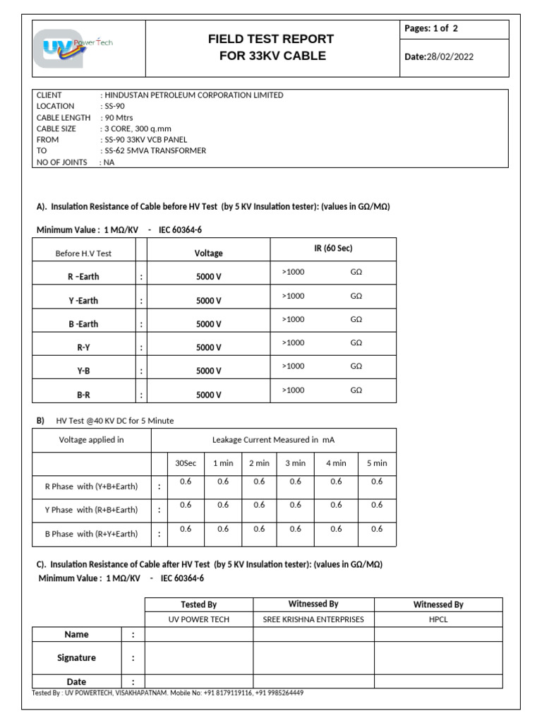 33kV Cable Test Report Summary | PDF | Insulator (Electricity) | Power ...