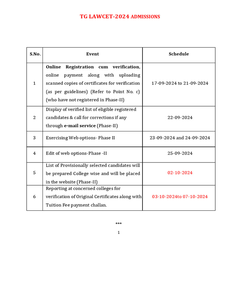 Important Dates Second Phase Schedule Llb1 Pdf