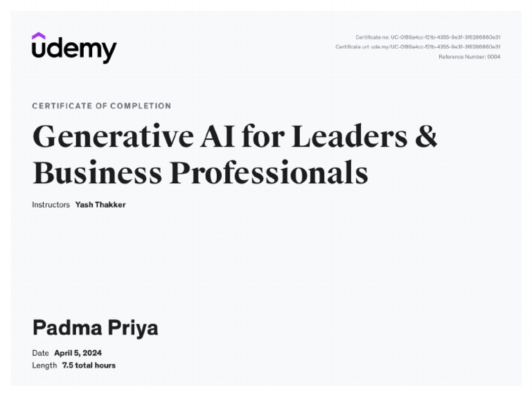 Udemy - Certificate - Gen Ai For Leaders and BusProfessionals | PDF