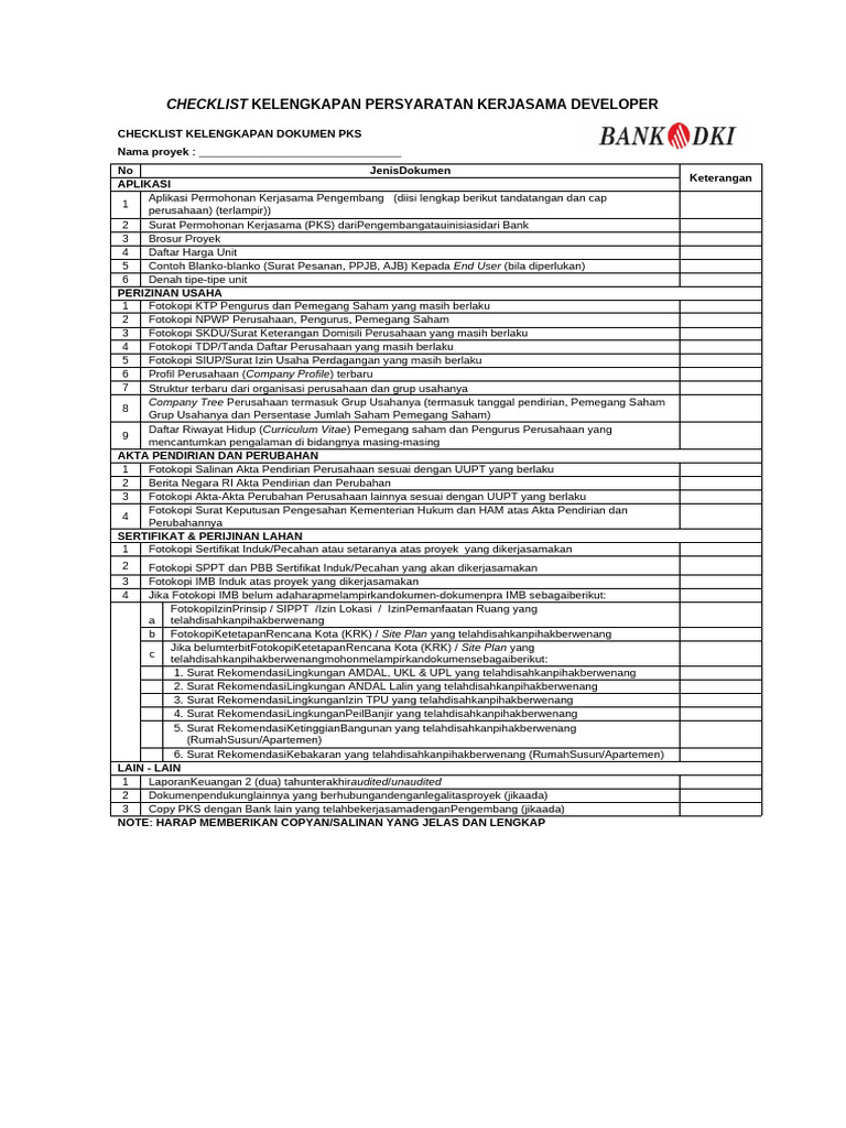Checklist Persyaratan Kerjasama Developer | PDF
