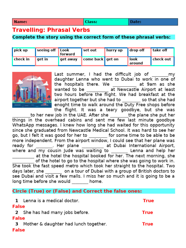 Travelling Phrasal Verbs Grammar Drills Reading Comprehension Exercises ...