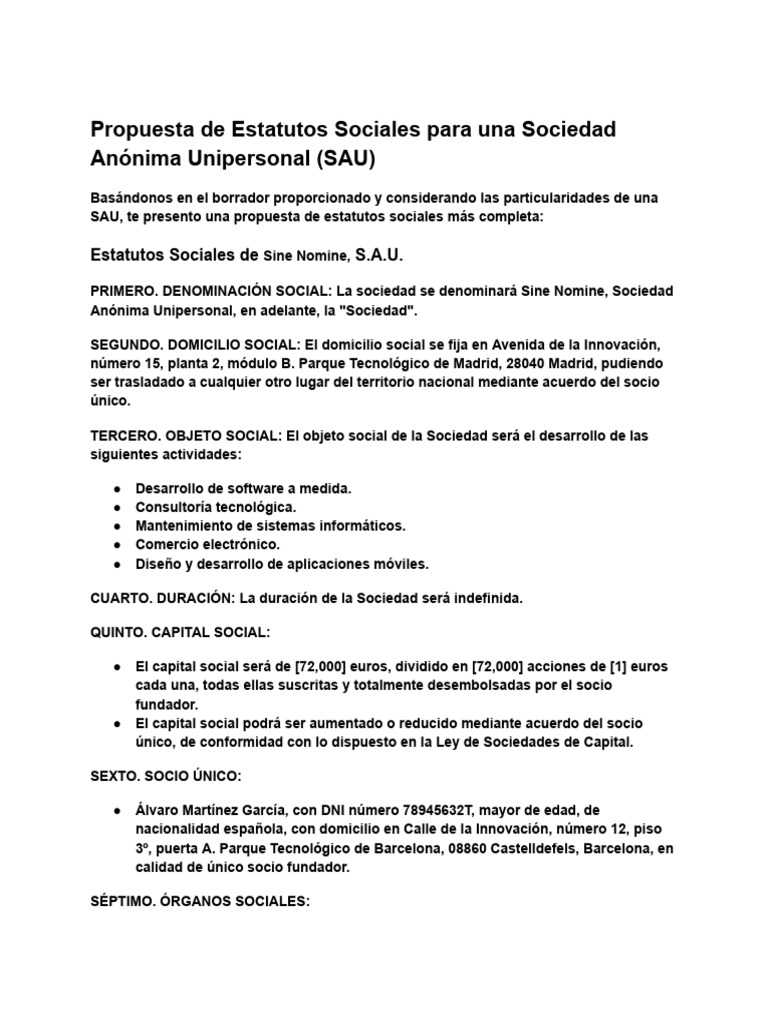 Propuesta de Estatutos Sociales para una Sociedad Anónima Unipersonal (SAU) | PDF | Sociedad de ...