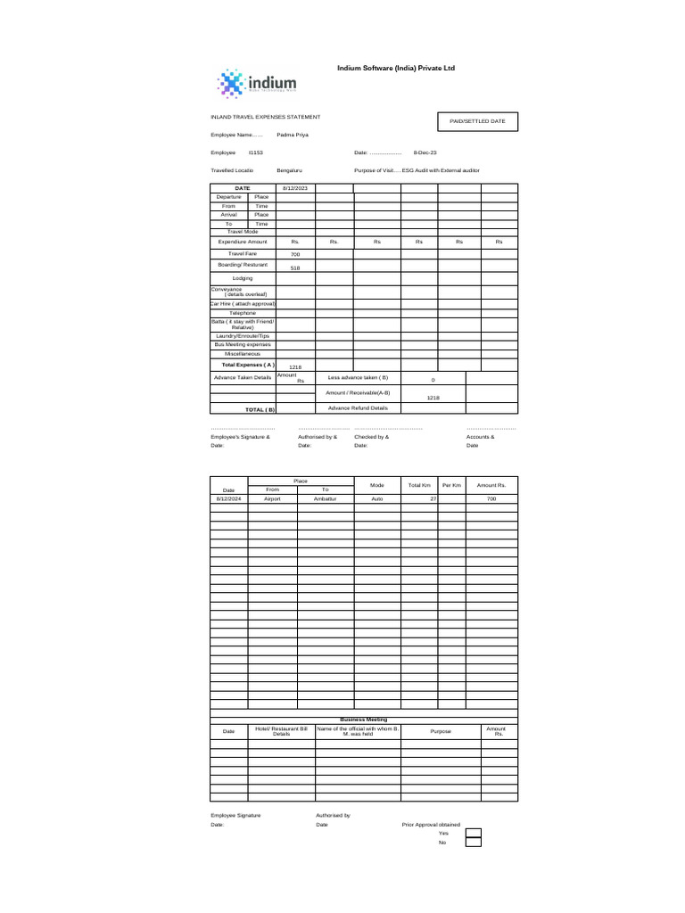 ESG Audit - BLR - Travel Settlement Form - 8dec23 | PDF | Accounting