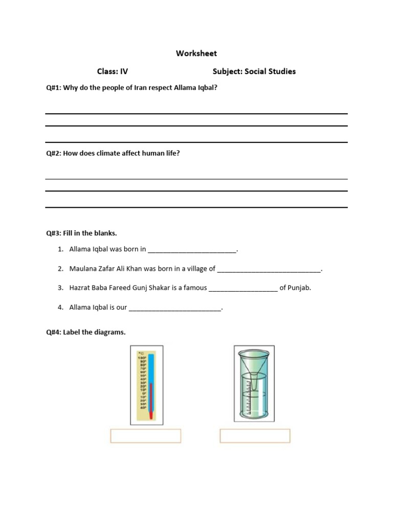 Social Studies Worksheet for Class IV | PDF