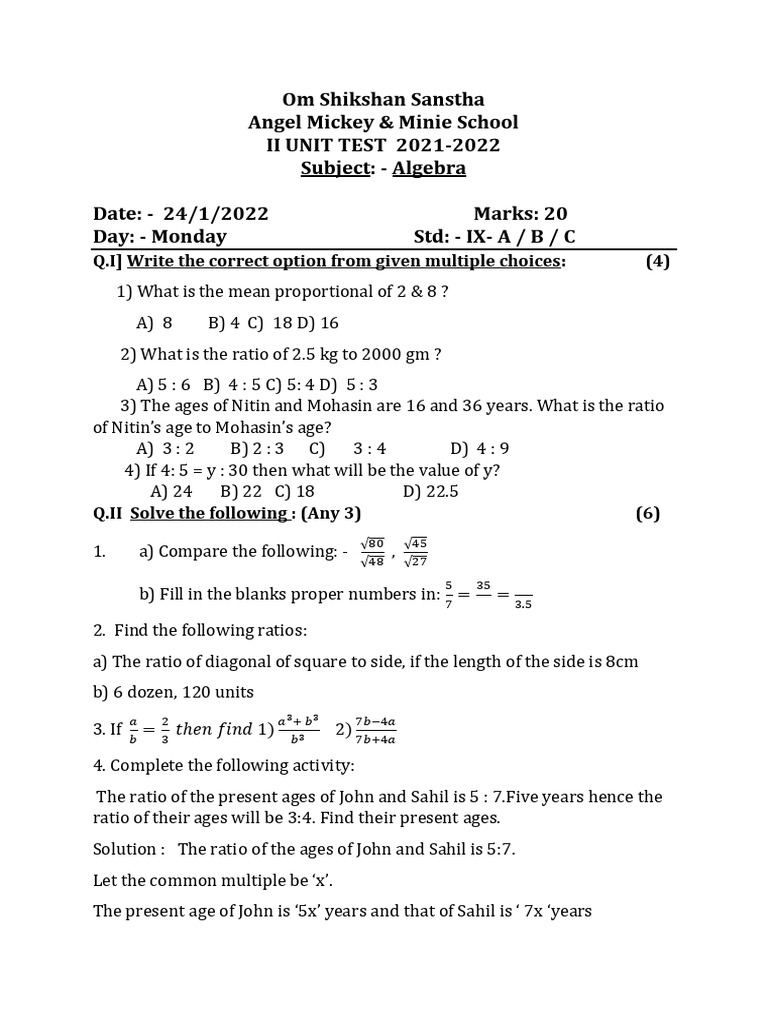 Unit Test Ii Algebra | PDF | Mathematics | Algebra