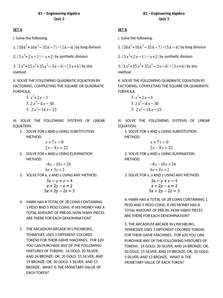 B1_PS3 | PDF | Quadratic Equation | Elementary Mathematics