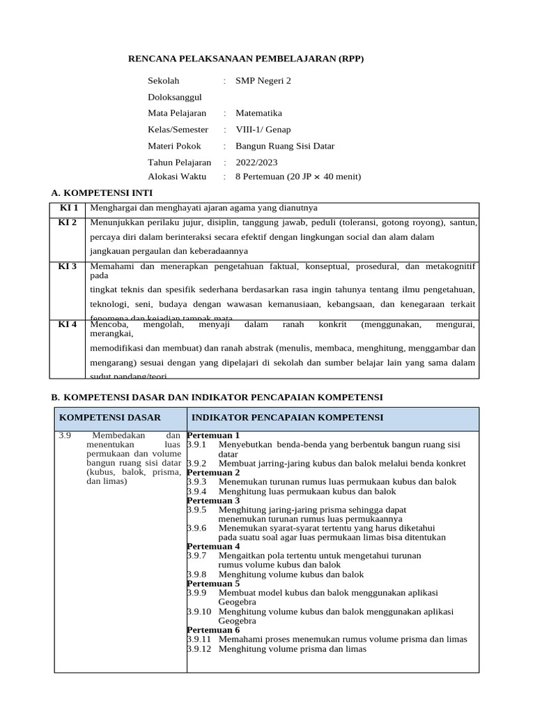 RPP Model PBL untuk Matematika Kelas VIII | PDF