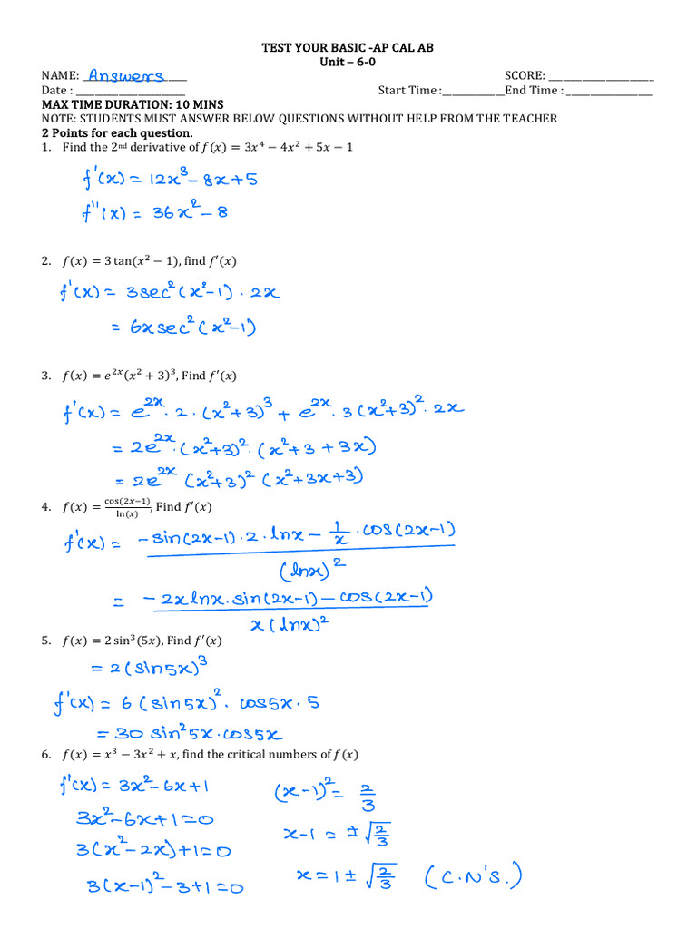 Basic Test AP AB Unit 6-0 | PDF