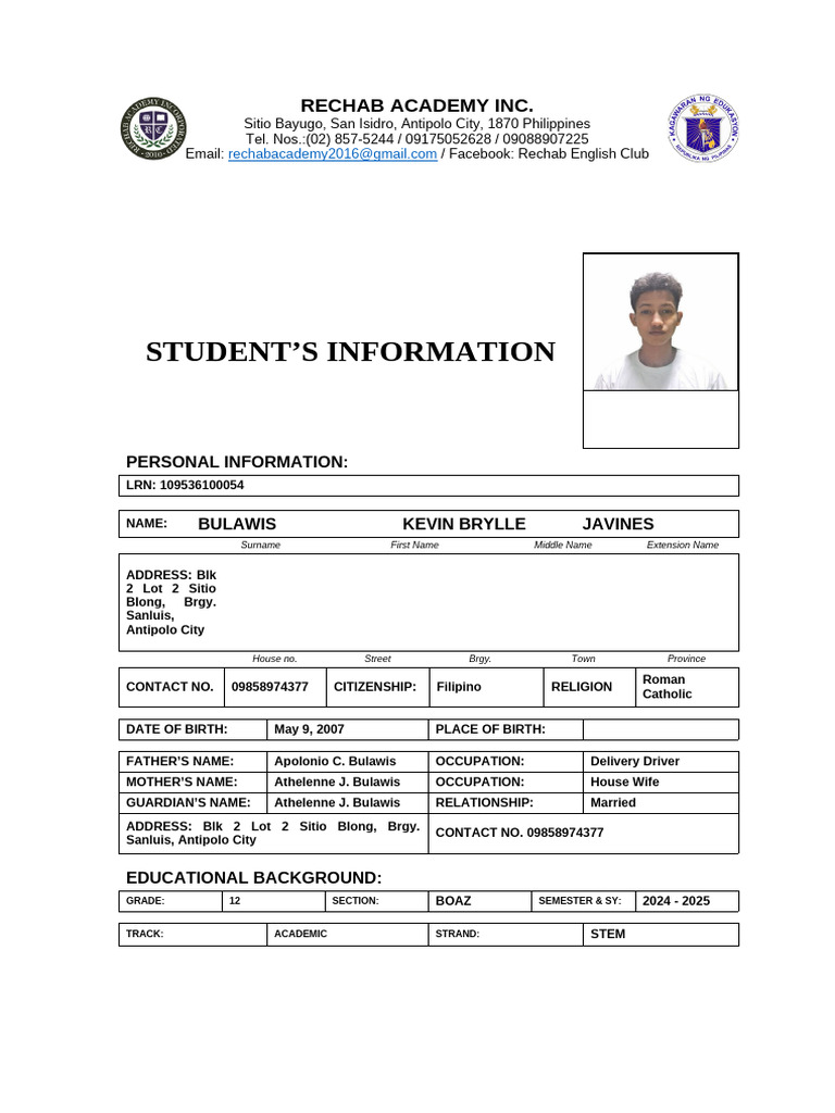 Student'S Information: Rechab Academy Inc | PDF