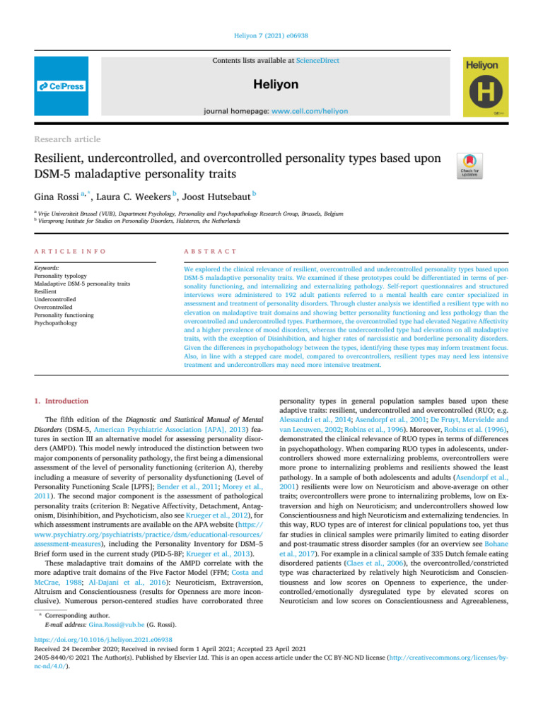 Resilient, Undercontrolled, And Overcontrolled Personality Types Based Upon DSM-5 Maladaptive ...
