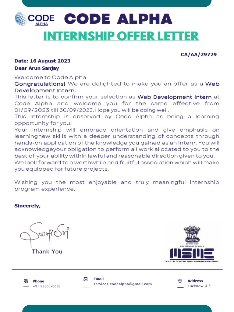 Code Alpha Internship Offer Letter | PDF